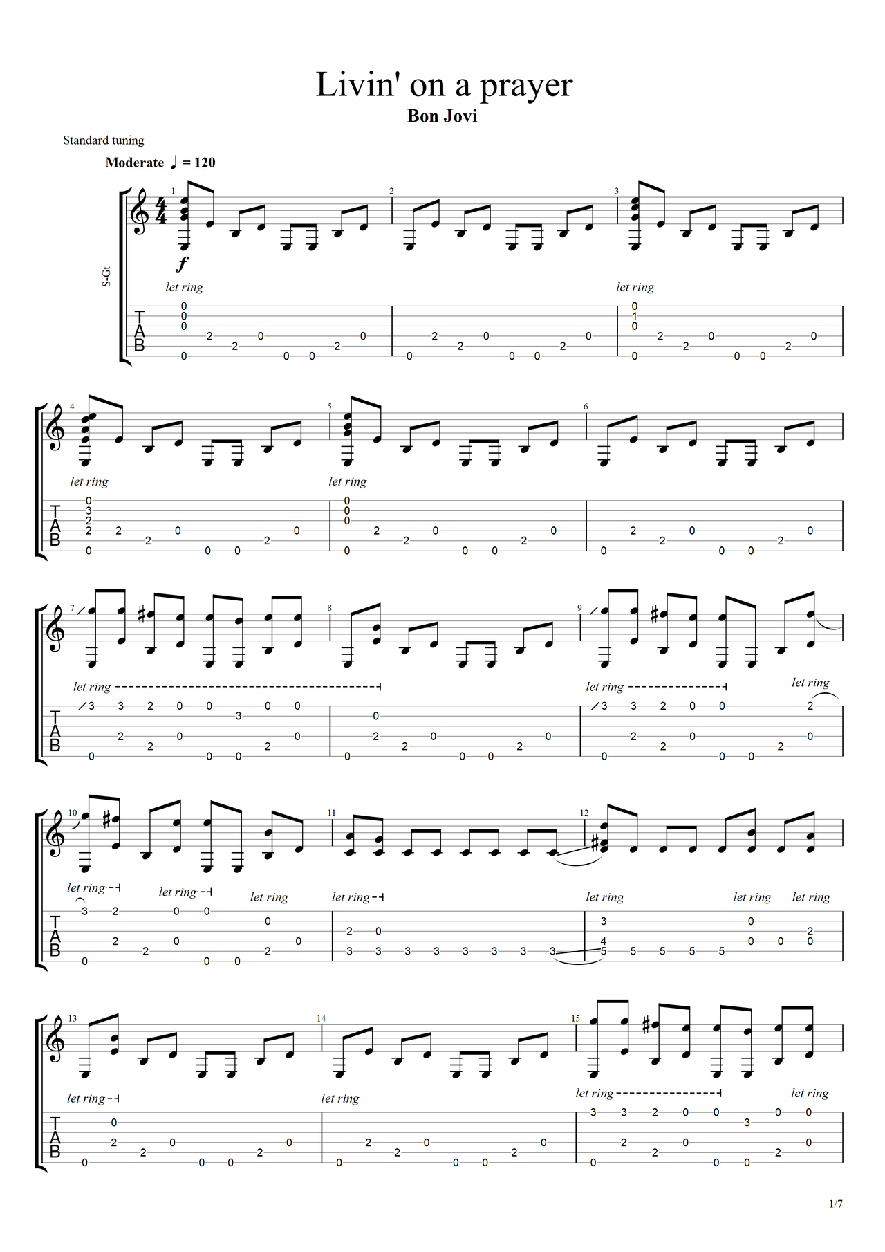 Bon Jovi《livin On A Prayer》 指弹吉他谱钢琴谱 C调 虫虫钢琴