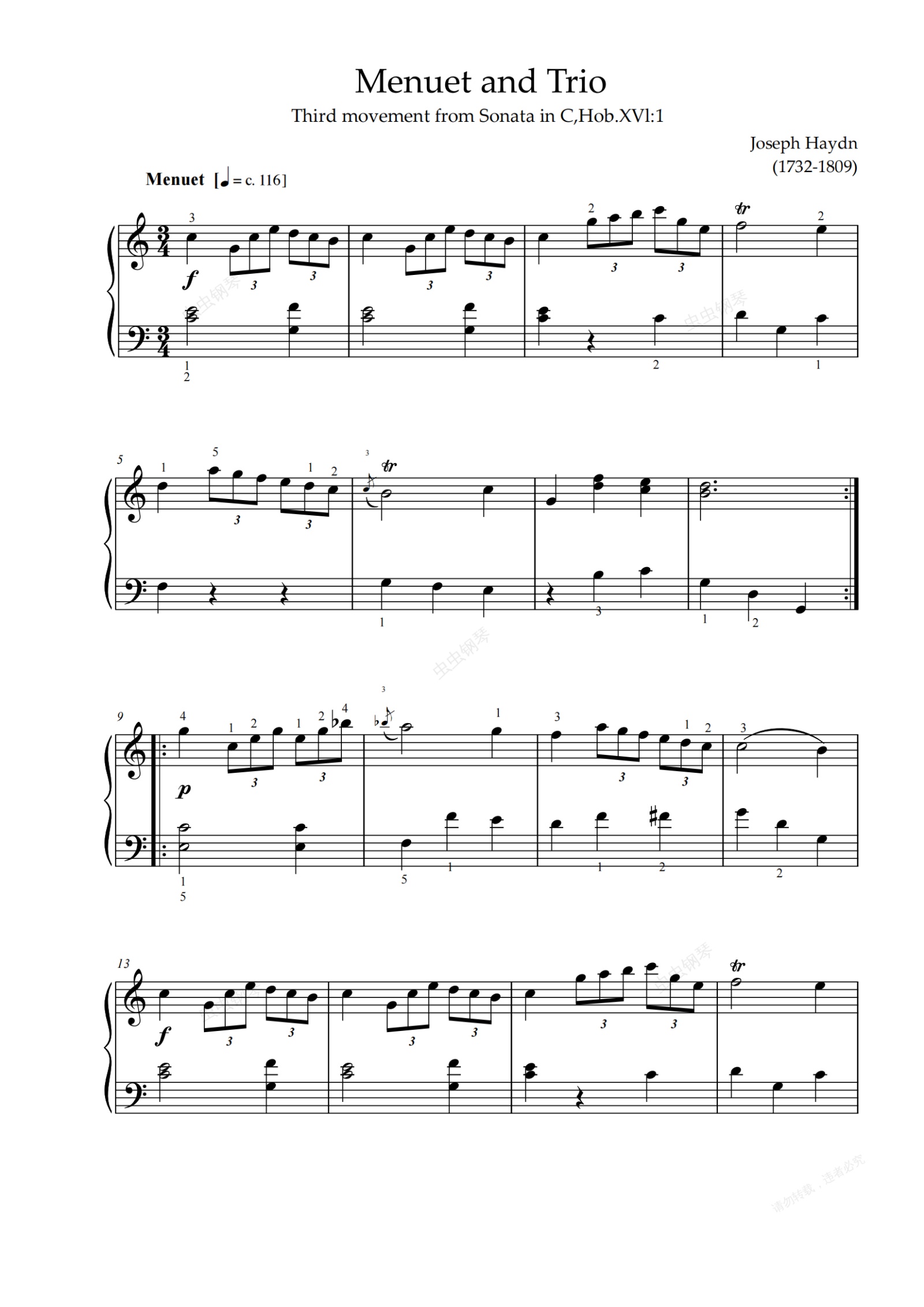 Menuet and Trio钢琴谱-Joseph Haydn-英皇钢琴考级2025&2026第1-8级-c调-虫虫钢琴