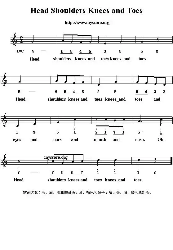 Head shoulders knees and toes简谱-虫虫乐谱